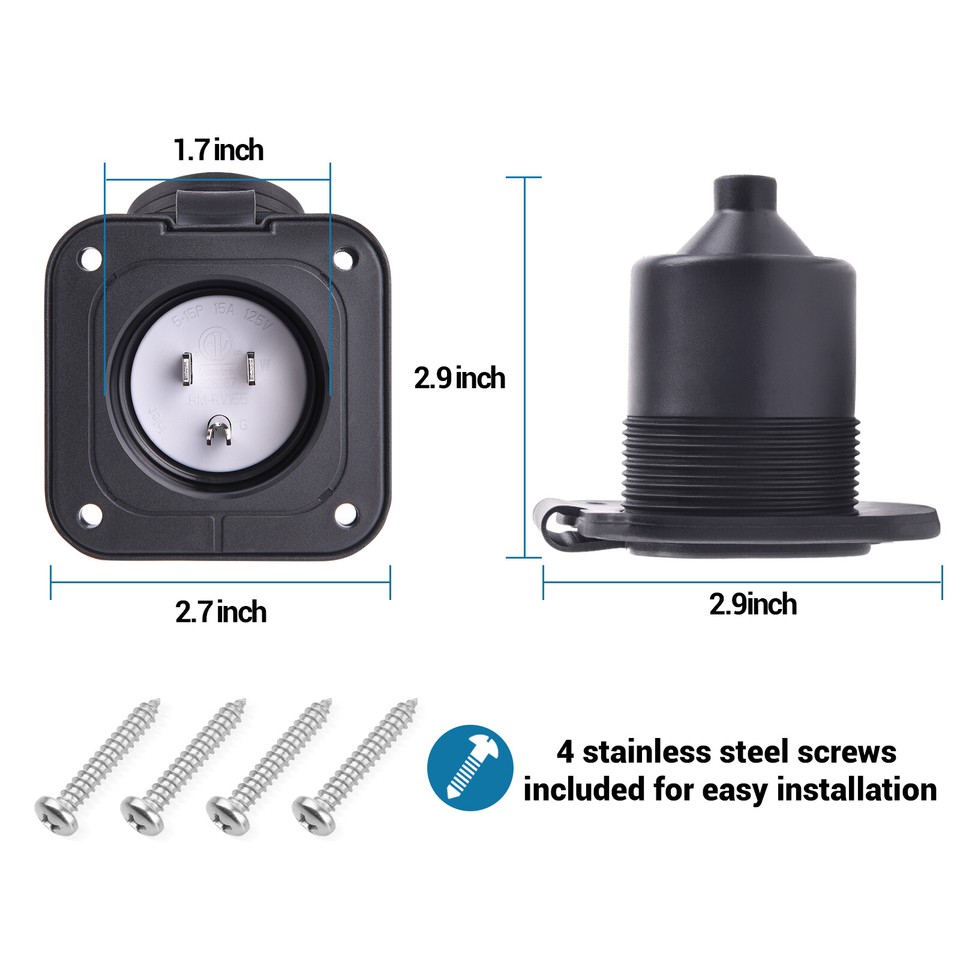 125/250V 15A Flanged Power Inlet Receptacle 5-15P Plug for RV Boat ...