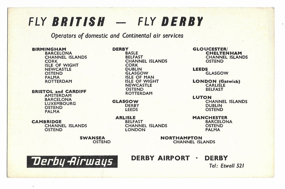 Derby Airways Advertising Card, Douglas C-47B Skytrain, Douglas DC-3, G ...