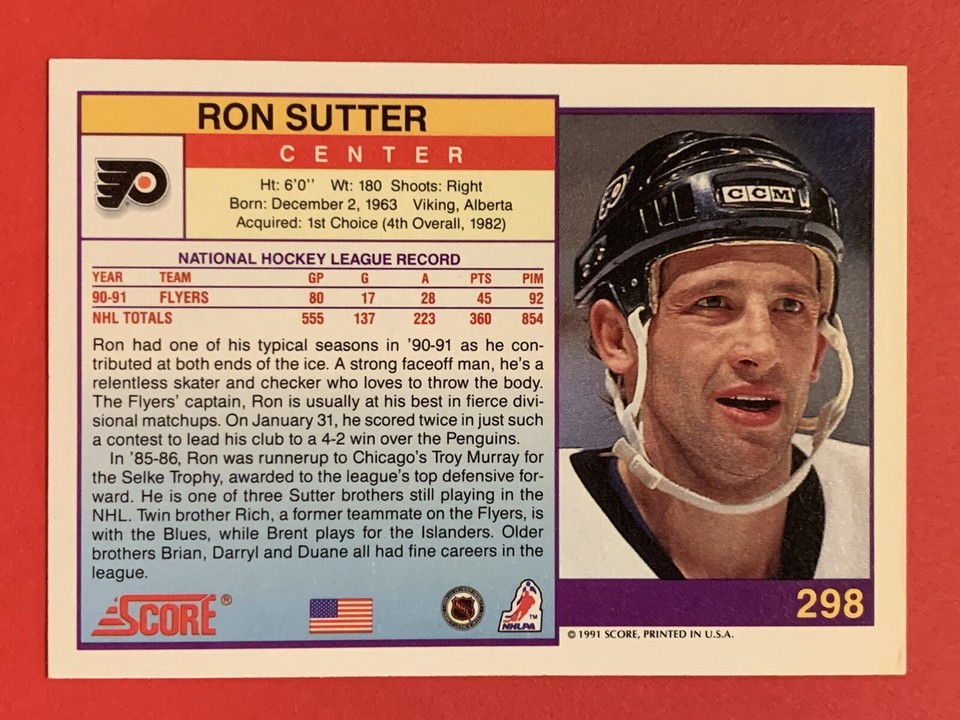 RON SUTTER Signed 1991-92 Score #298 Flyers Blues Bruins Flames ...