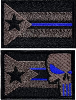 Puerto Rico Flag Thin Blue Line Leo Skull Patch |2PC Hook Backing 3"x2 ...