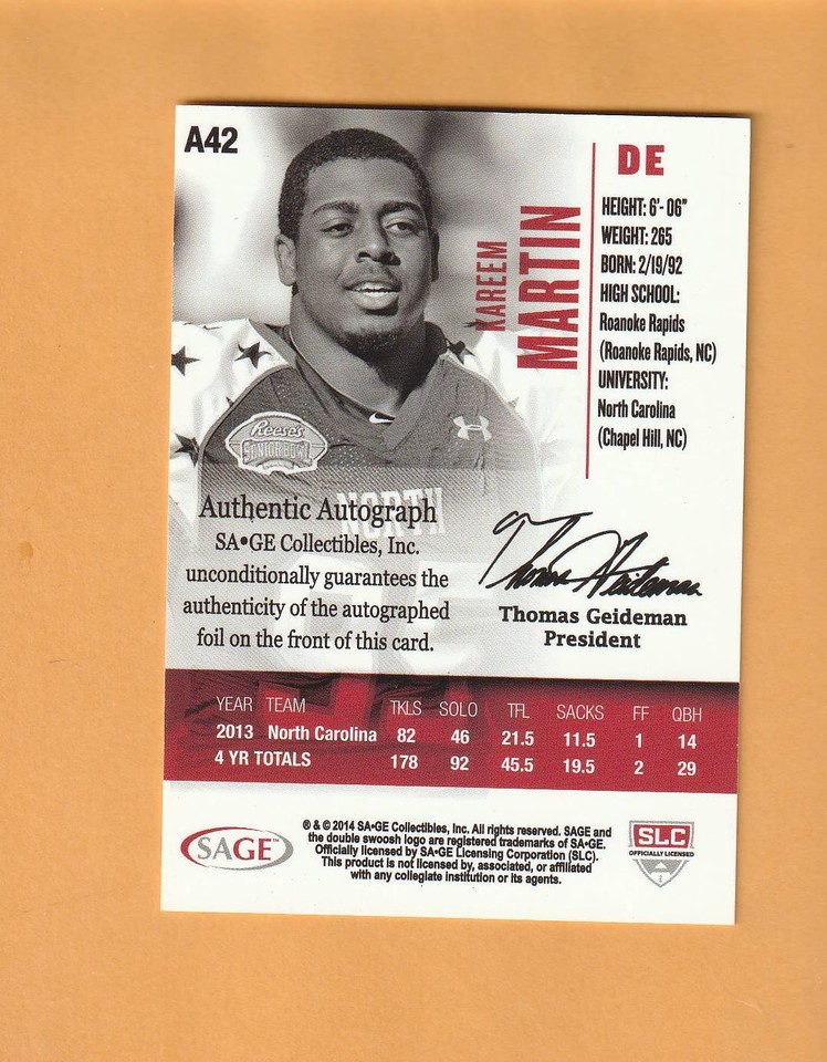 Kareem Martin North Carolina Tar Heels AUTO 2014 Sage Hit Roanoke ...