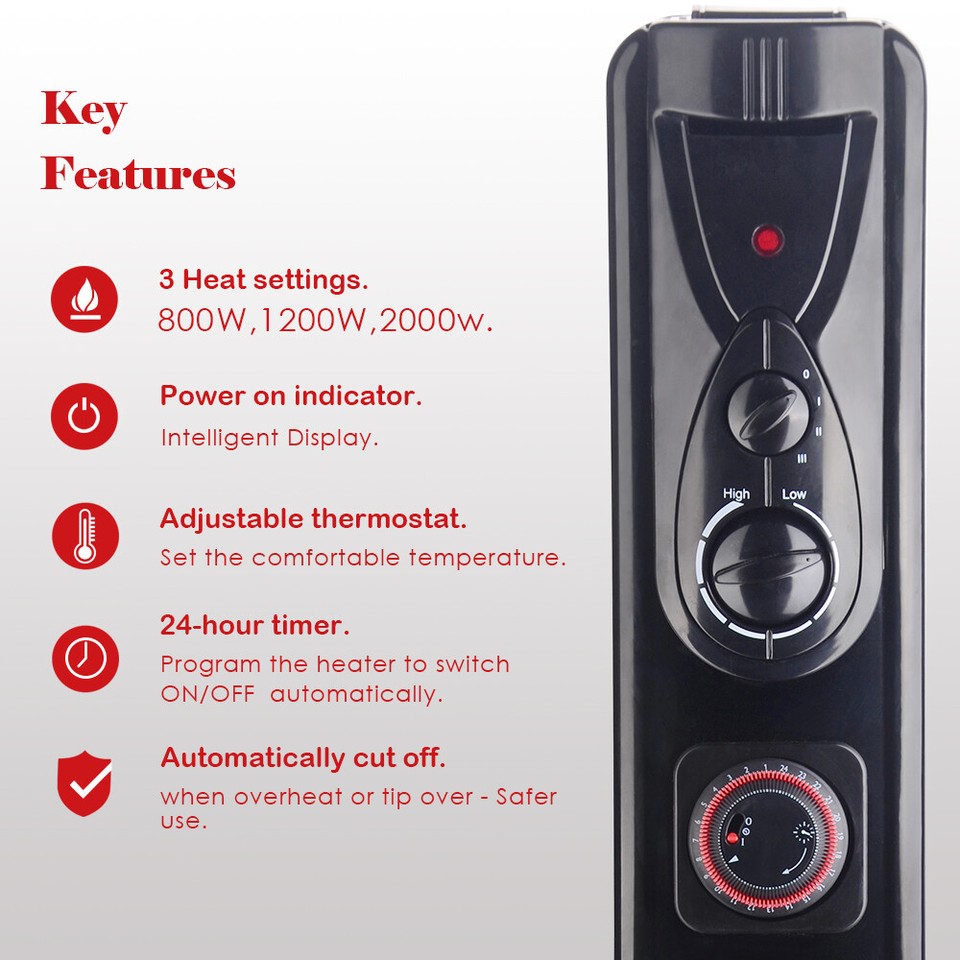 Electric Oil Filled Radiator 2000W 9 Fin Portable Heater with 24H Timer ...