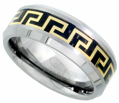 Tungsten Ring Men Women Wedding Band Gold Greek Key Inlay Beveled Edge ...