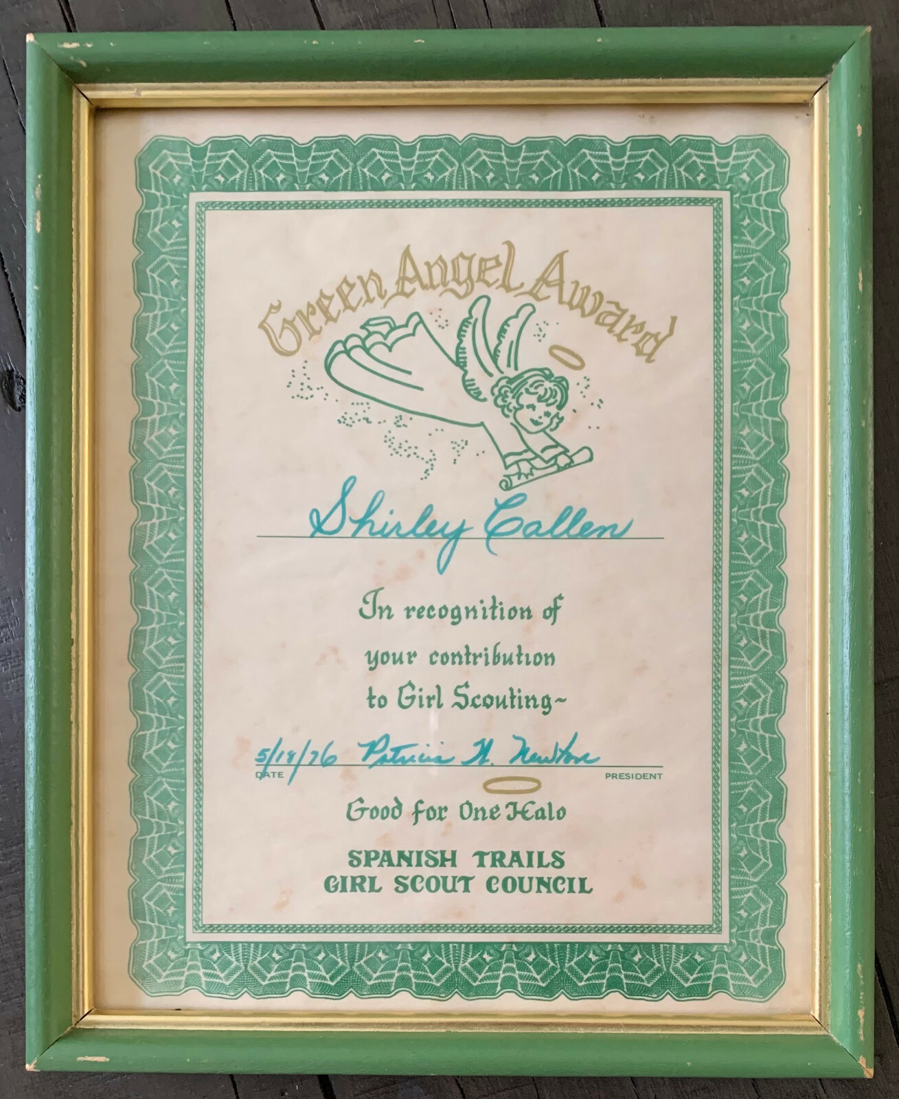Vintage Green Angel Award Certificate Girl Scout Council - Framed in ...
