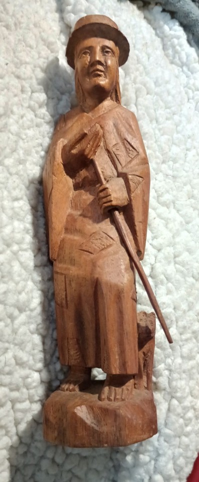 tall thin lady vintage wood carving has dog, stick very detailed bare ...