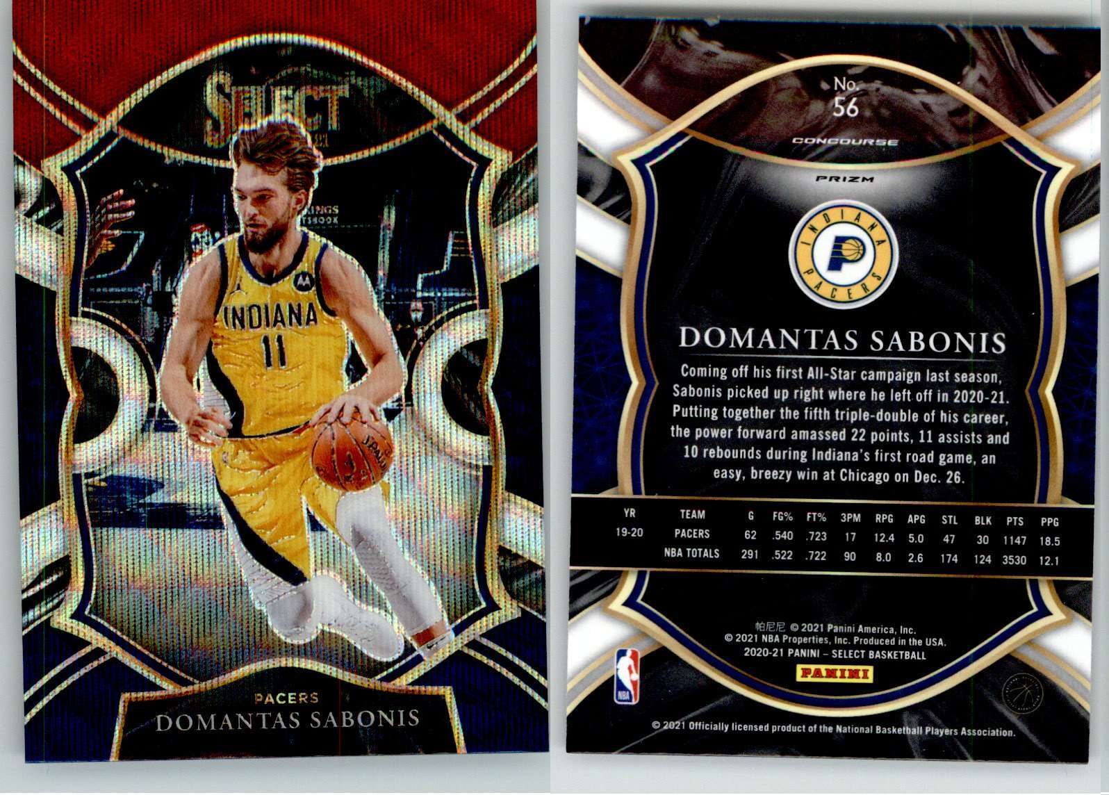 Domantas Sabonis 2020-21 Select Tri-Color Prizm #56 Pacers Kings | eBay