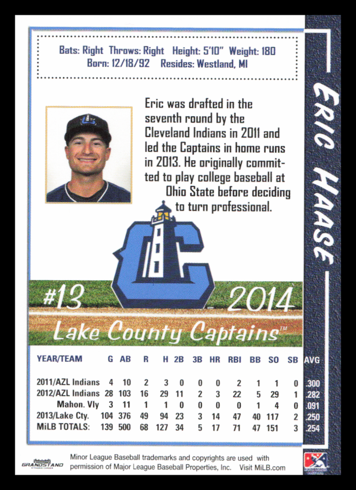 2014 Lake County Cougars ERIC HAASE Signed Card autograph auto INDIANS ...