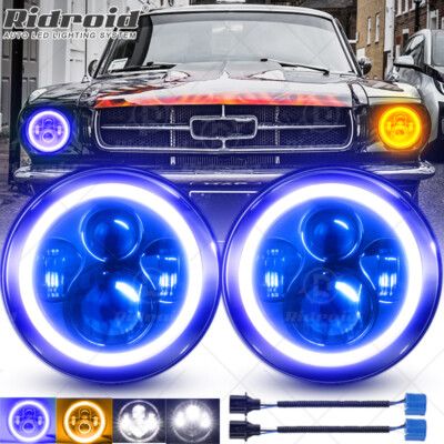 For Ford Mustang 1965-1973 7" inch Round LED Headlights Blue Halo DRL ...