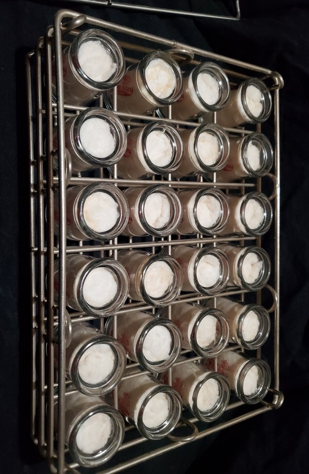 Set Of 24 Yasgur Farms Dairy 3/4 oz. Glass Creamers Bethel, NY. w/Metal ...