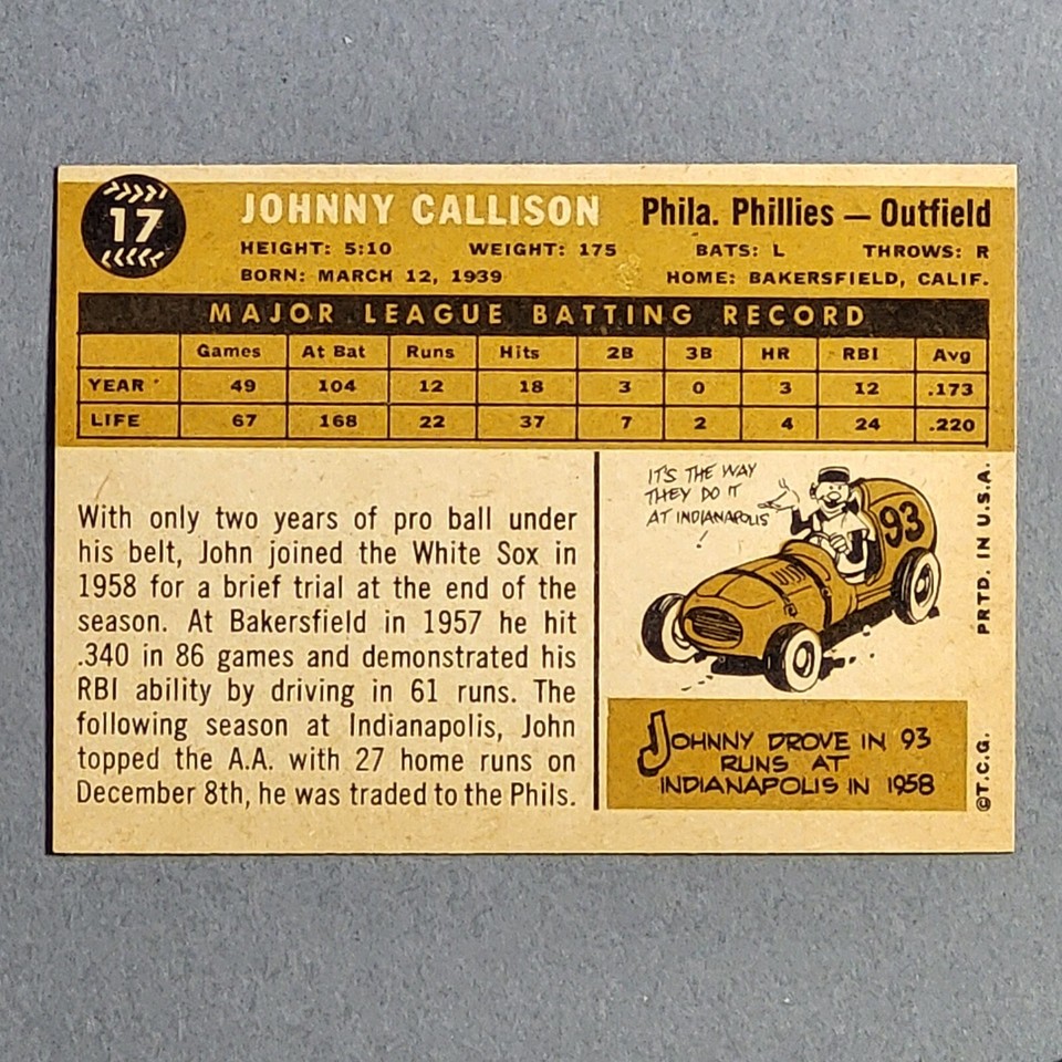 1960 Topps Baseball #17 Johnny Callison - White Sox - MINT - Very high ...