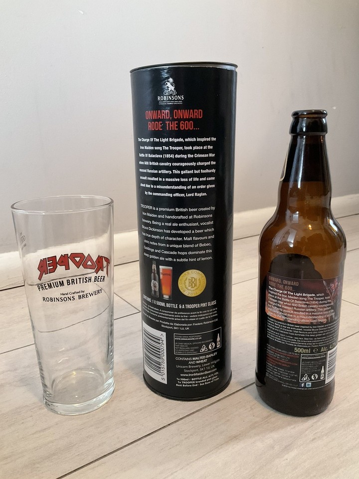 Iron Maiden Trooper Pint Glass + Empty Beer Bottle + Red N Black Bonus ...