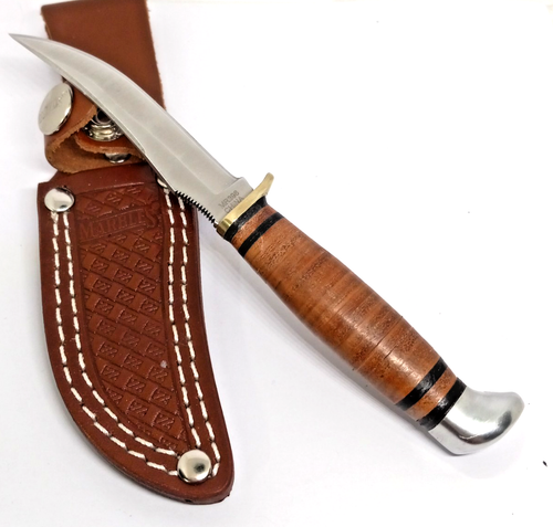 Vintage US Marbles MR396 Fixed Blade Knife 3 Inch Blade Stacked Leather ...
