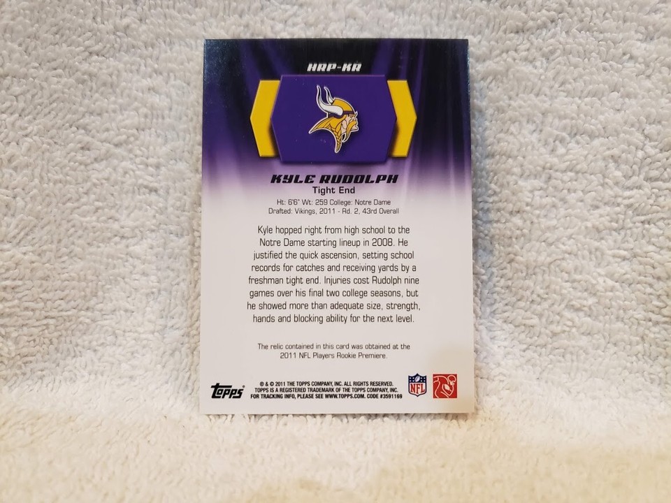 RARE Kyle Rudolph 2011 Topps Rookie Patch 3-Color GUJ Card, Minnesota ...
