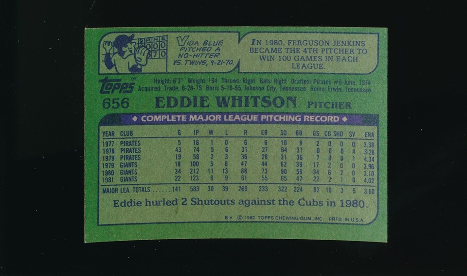 1982 Topps #656 Eddie Whitson * Pitcher * San Francisco Giants * EX-MT ...
