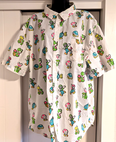 Super Mario Mens Button Up Shirt Short Sleeve White All Over Print - Sz ...