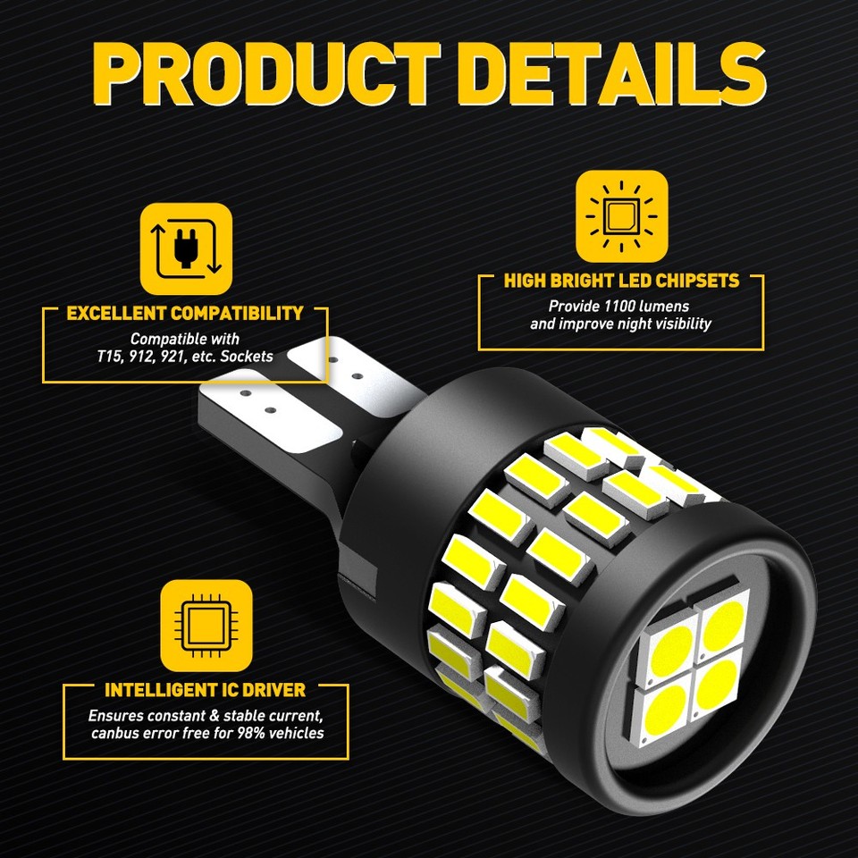 2PCS T15 W16W Reverse 921 955 Xenon Bright White Led Car Light Bulbs ...