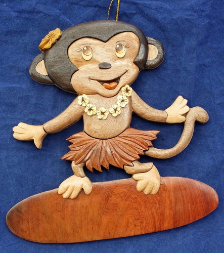 M Hawaiian Monkey Hula Girl Big Wave SurfBoard Handcrafted Wood Wall ...