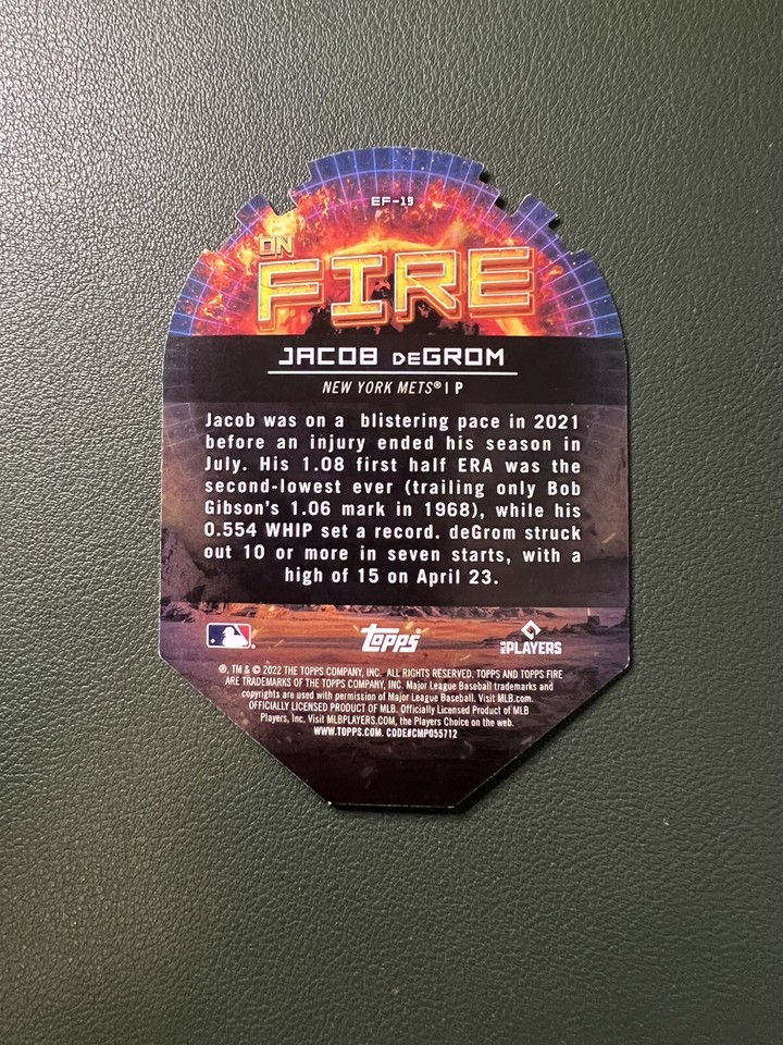 2022 Topps Fire Jacob DeGrom On Fire Gold Minted Insert Die-Cut #EF-19 ...