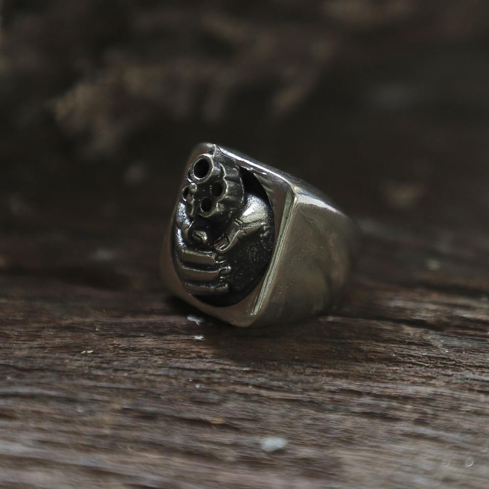 gun square Biker Ring sterling silver 925 Gothic punk gangster skull ...