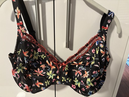 Elomi Bra, Black Print With Red Lace Trim Size 38I | eBay