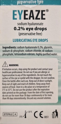 Eyeaze Lubricating Dry Eye Drops 0.2% Sodium Hyaluronate 10ml | eBay UK