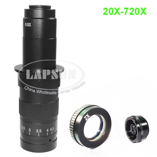 20X- 720X Zoom C-mount Lens W 2pc 2X Barlow Lens for Digita Microscope ...