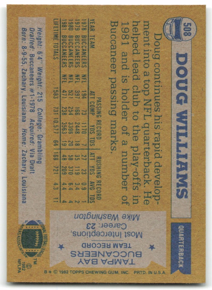 1982 Topps #508 Doug Williams Tampa Bay Buccaneers 1BM | eBay