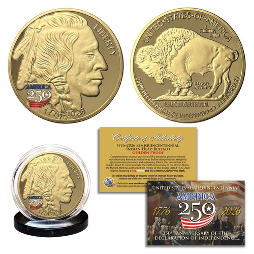 1776-2026 Semiquincentennial AMERICA 250 INDIAN BUFFALO Golden Tribute ...
