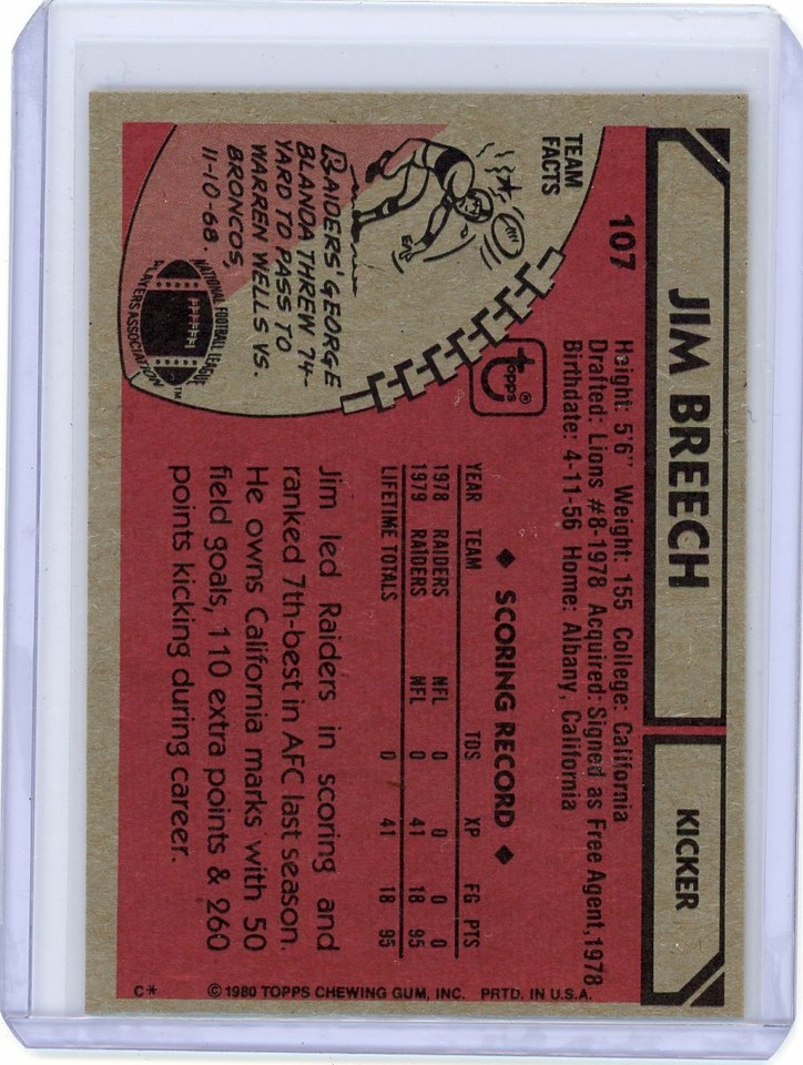 1980 TOPPS JIM BREECH #107 NM-MT TO MINT SET BREAK RAIDERS | eBay