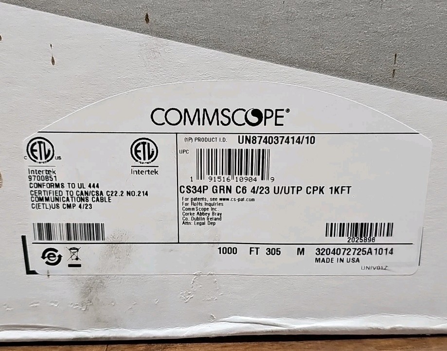 Comscope Data Cable 4 Pairs CAT6 U/UTP 23 AWG GREEN 1000FT UN874037414 ...