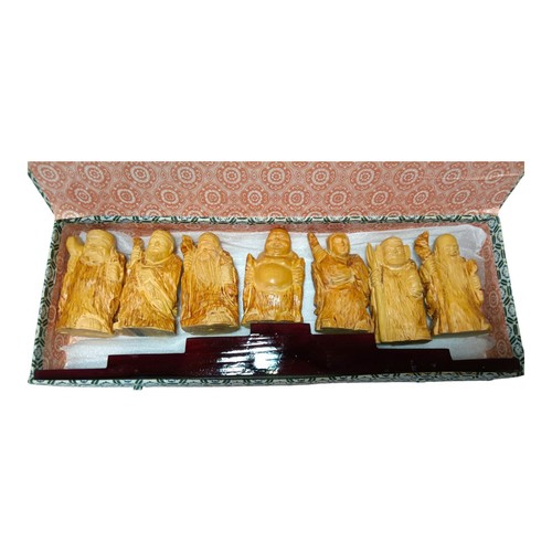 Hand Carved wood netsuke figures 7 Piece Set With Stand And Case | eBay