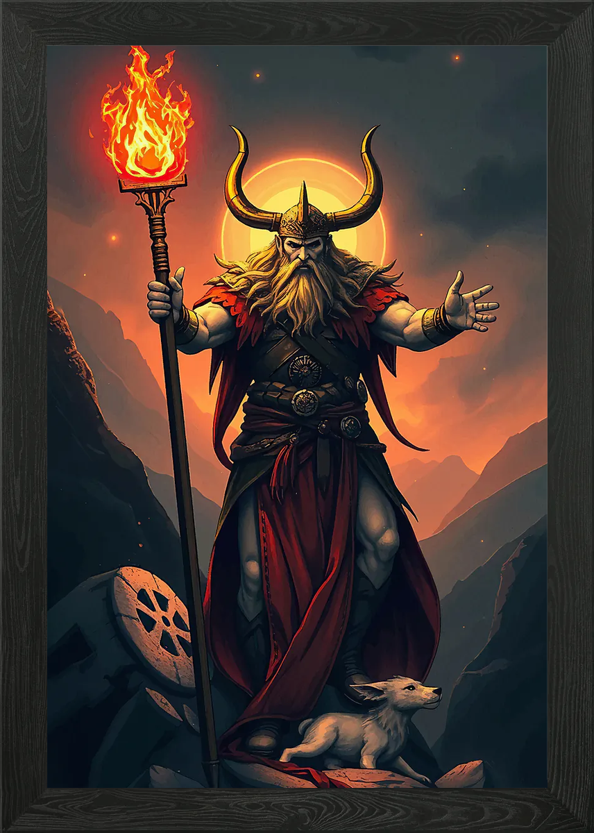Viking Warrior Flaming Staff Framed Wall Art Poster Canvas Print ...