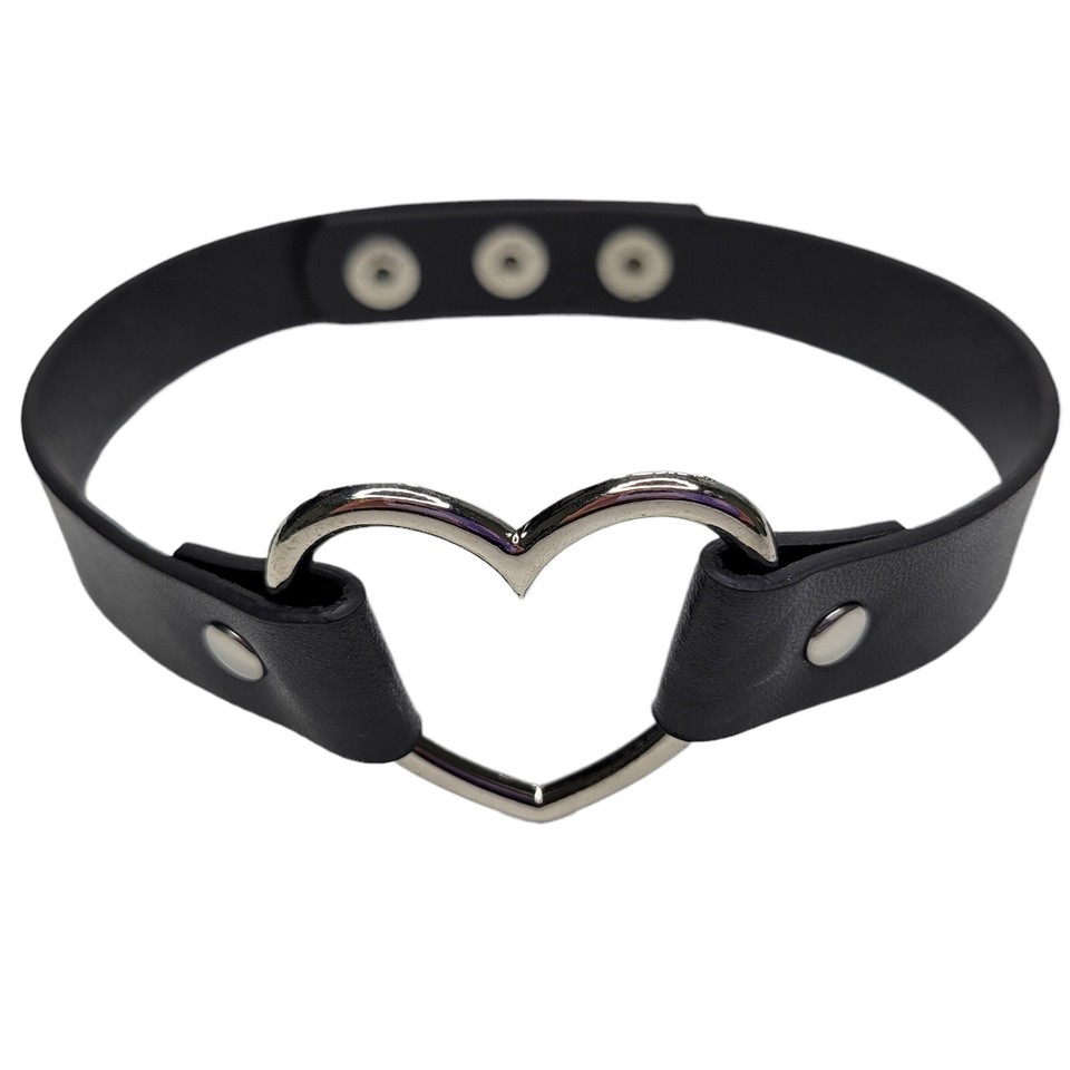 Faux Leather Heart Ring Choker Necklace Snap Closure Adjustable 3/4 ...