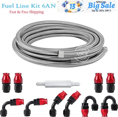 Fuel Line Kit 6AN 3/8" Braided 20FT PTFE E85 Gas+ Swivel Fuel Hose End ...