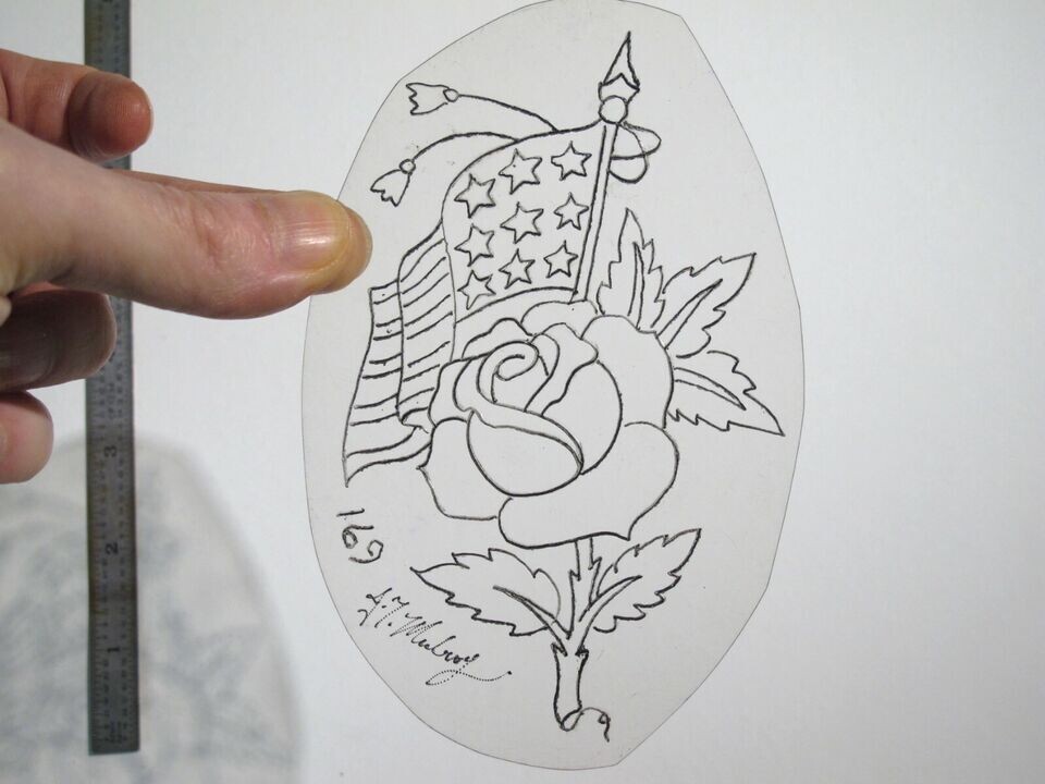 vtg 1960s 1970s Tattoo Flash acetate stencil Flag and Rose signed MIL1 ...