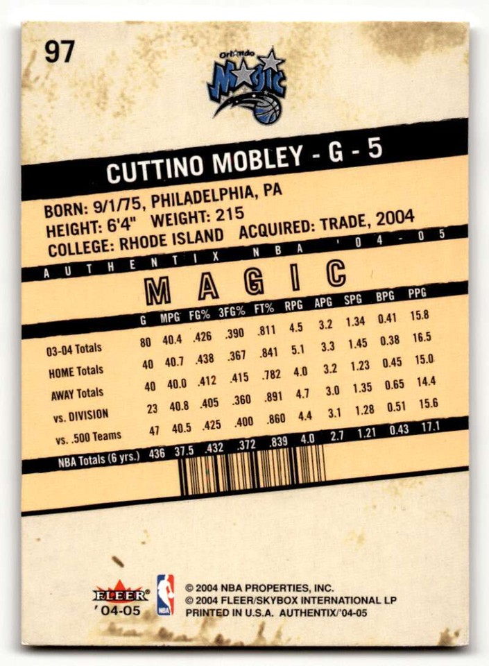 2004 Fleer Authentix #97 Cuttino Mobley Orlando Magic Basketball Car ID ...