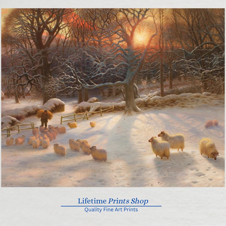 Antique Winter Pastoral Landscape Sheep Painting Giclee Fine Art Paper ...