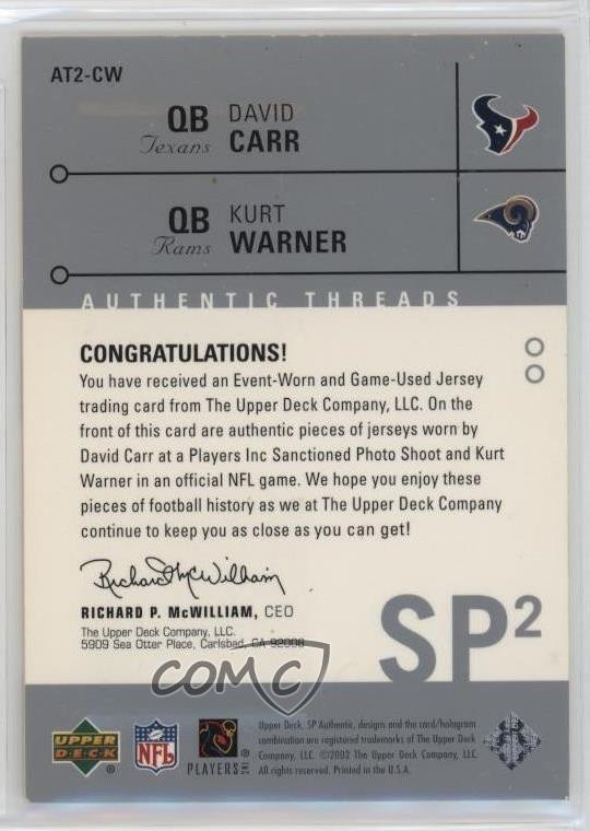 2002 SP Authentic Threads Double David Carr Kurt Warner #AT2-CW Rookie ...