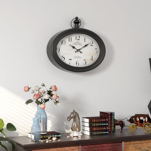 Retro Oval Wall Clock. Black Vintage Antique . Battery Operated Silent ...