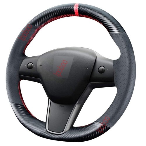 Black Leather Steering Wheel Red Stitch Wrap Cover For Tesla Model3 ...