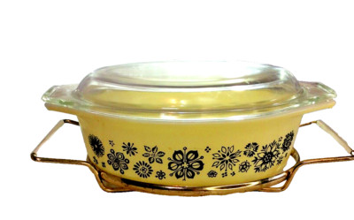 3pc PYREX Yellow Pressed Flowers Black 1.5 Qt Casserole Dish #043 w ...