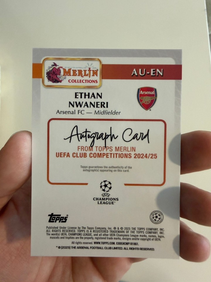 Topps Merlin 2024-25 Ethan Nwaneri /8 Vintage Purple RC Autograph ...
