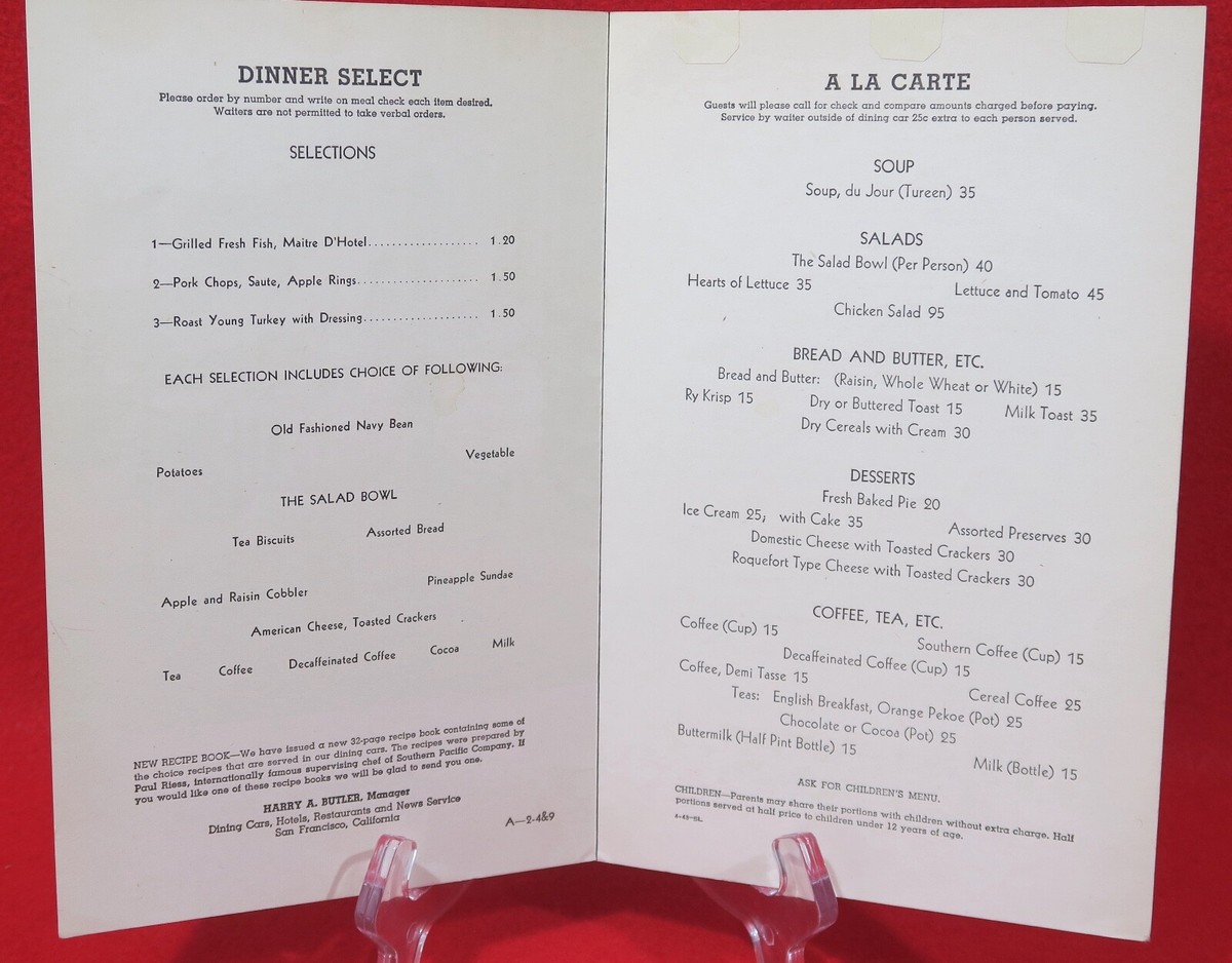 Southern Pacific Dining Car Menus
