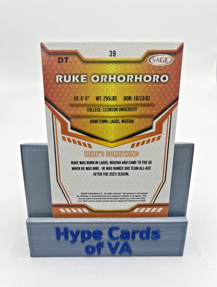 RUKE ORHORHORO 2024 Sage Low Series Black Rookie Card RC #39 Atlanta ...