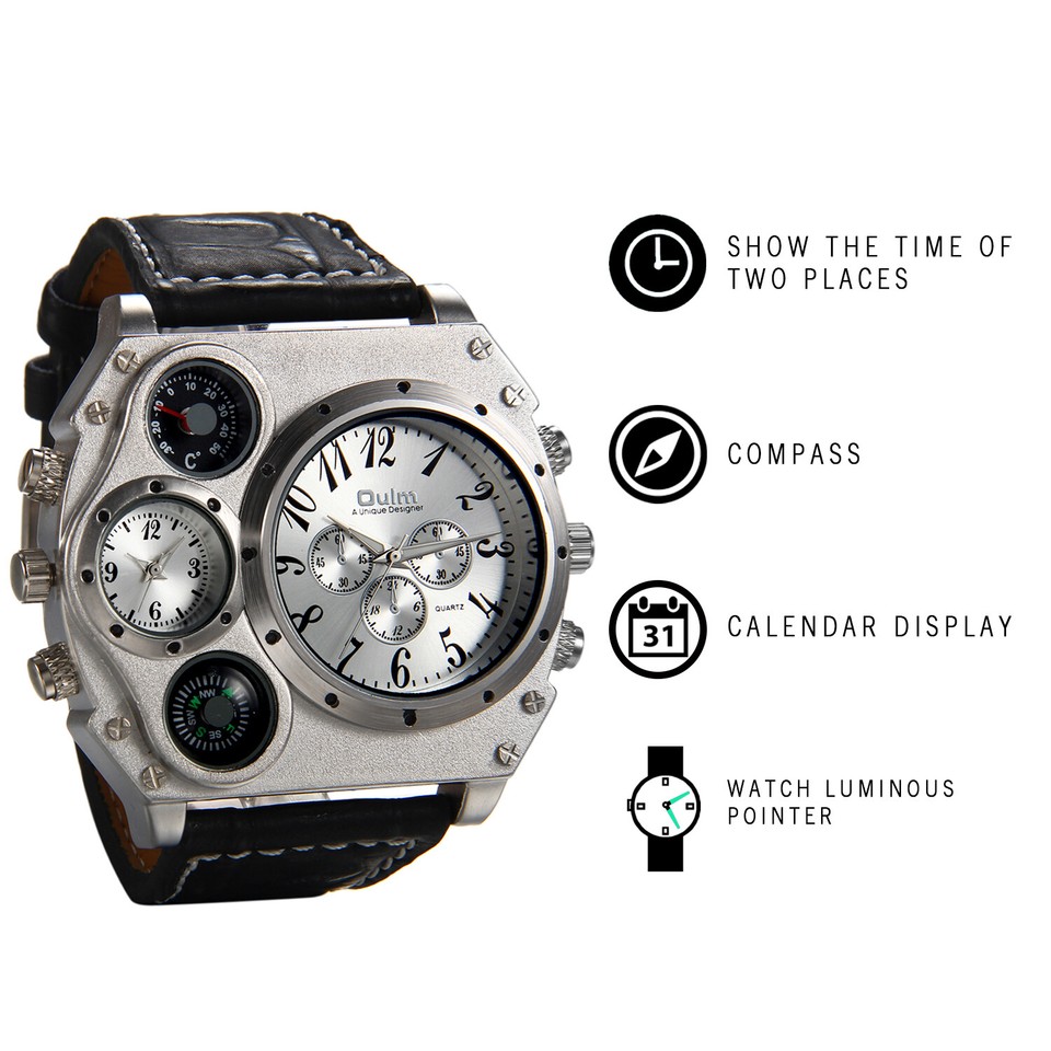 Military Men's Dual Time Zone Multi-Dial Leather Band Quartz Analog ...