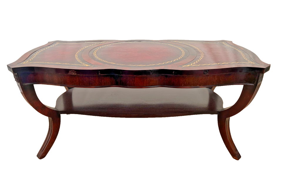 Vintage Art Deco Coffee Table Bottom Shelf Embossed Leather Inlays ...
