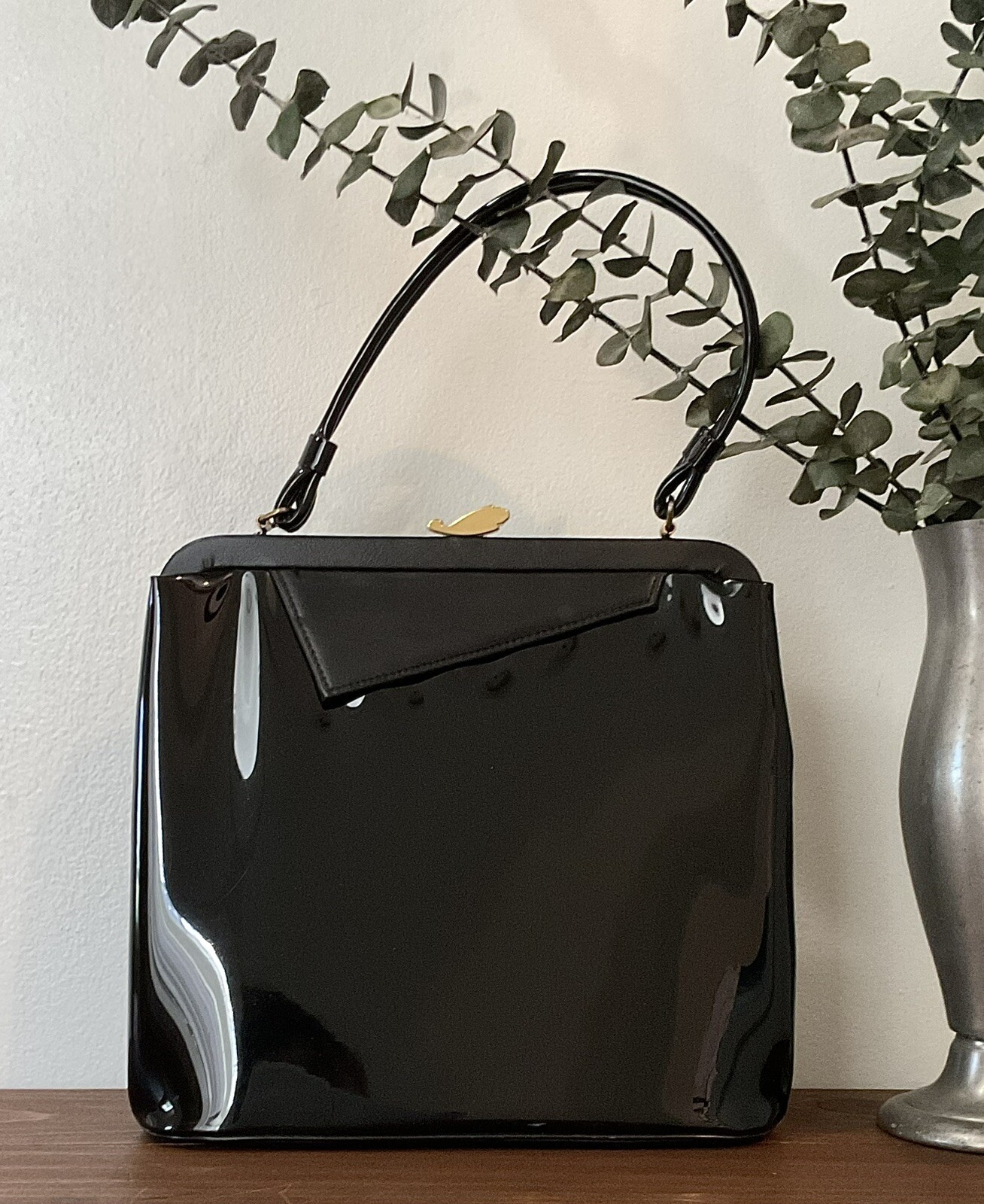 1950s 1960s Black Patent Leather Vinyl Handbag, Vinta… - Gem