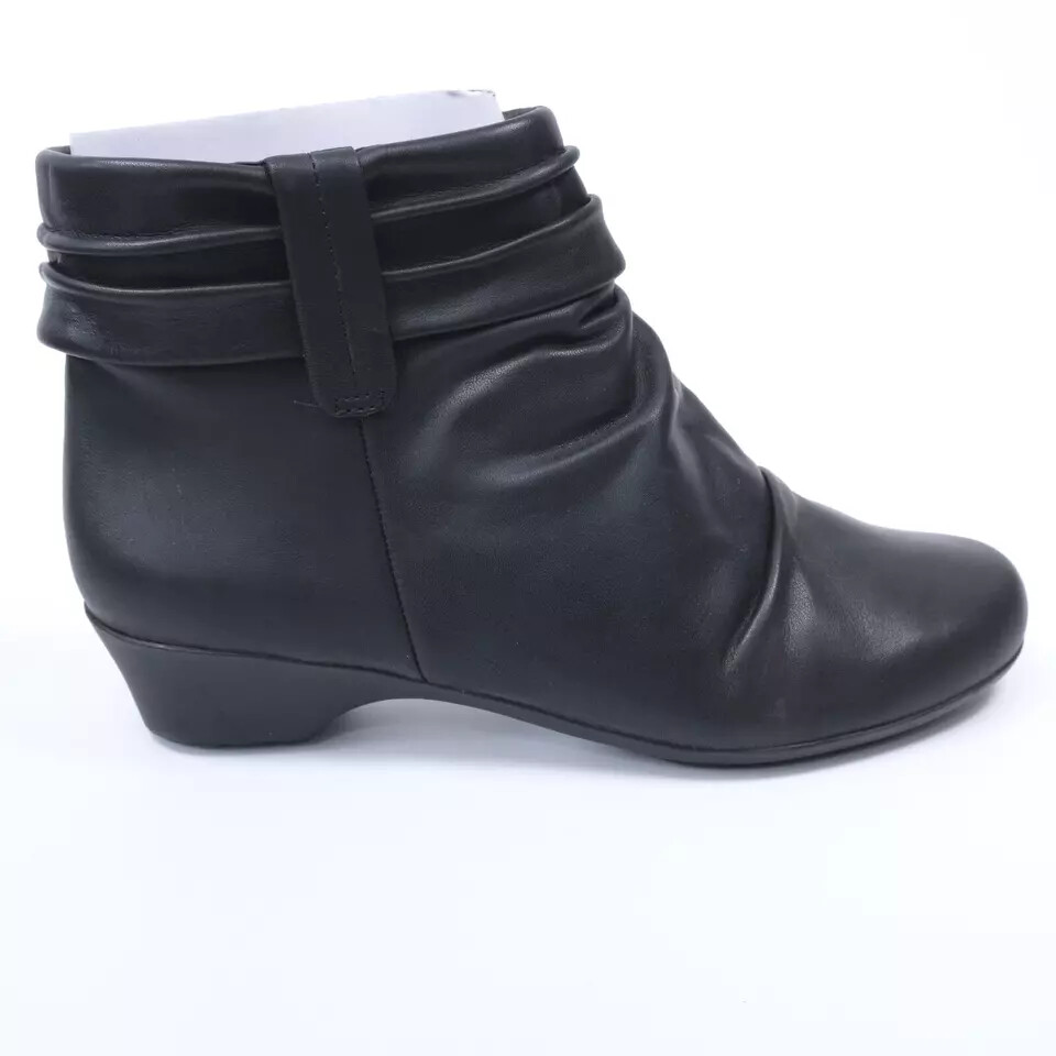 Clarks Matron Ella Ladies Wide E Fit Black Leather Ruched Leather Ankle ...