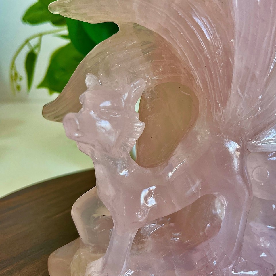 3.81lb Natural powder crystal hand carved nine tailed fox gemstone ...