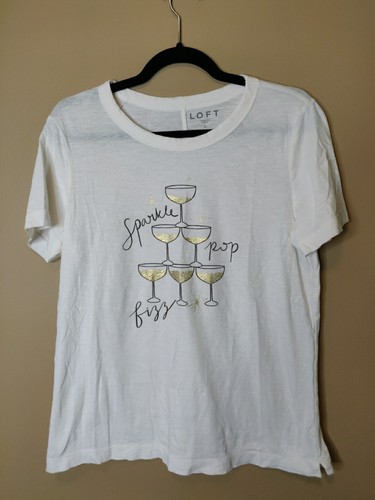 Loft women's L t-shirt white "Sparkle Pop Fizzy" metallic logo short ...